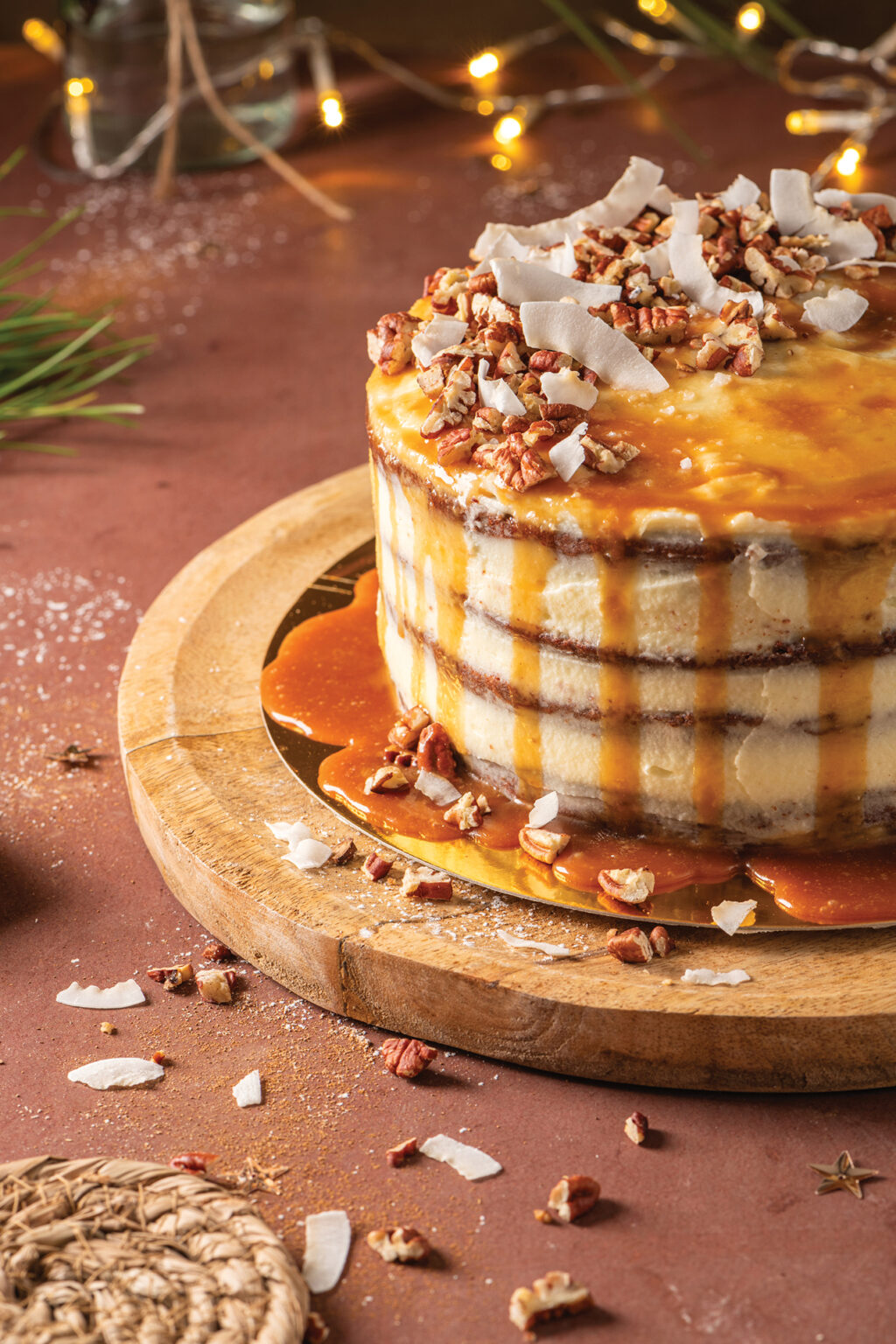 Salted Caramel Cake with Pecans and Coconut Flakes - Coastal Style Magazine